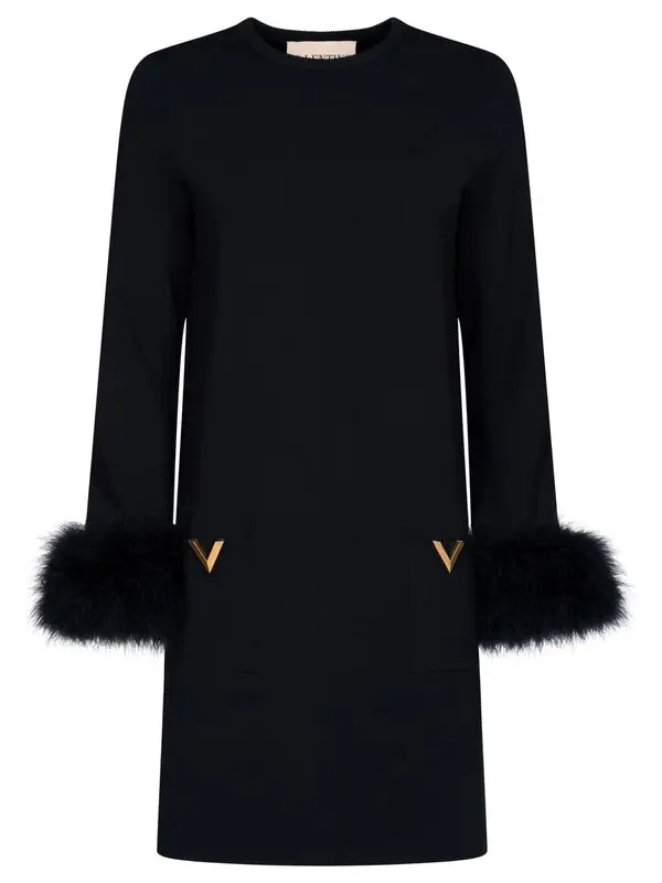Valentino Garavani V Logo Feather-detail Knitted Dress - Black
