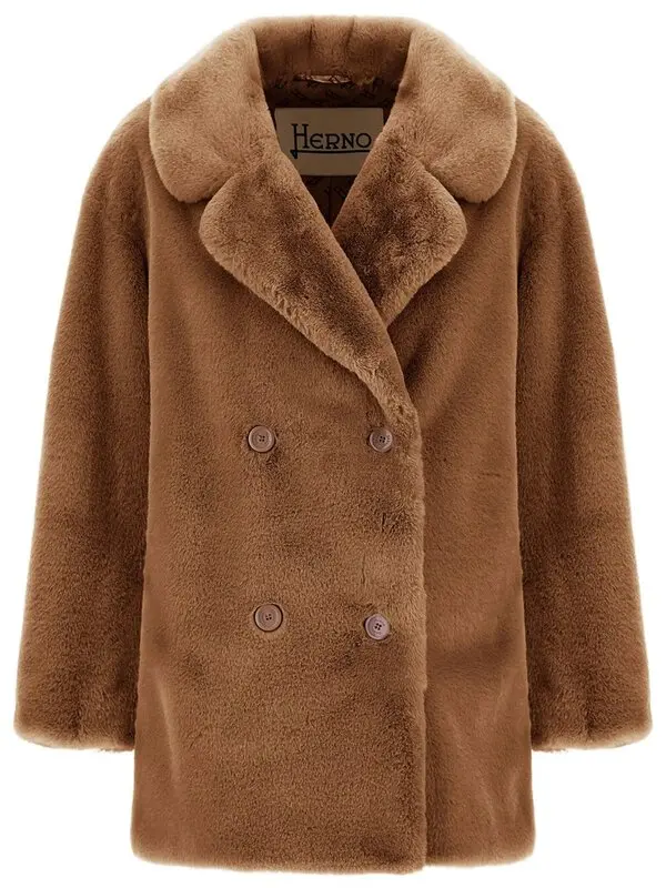 Herno Cappotto Doppiopetto In Ecopelliccia - Brown