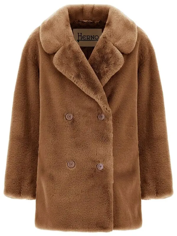 Herno Double-breasted Faux Fur Coat - Brown
