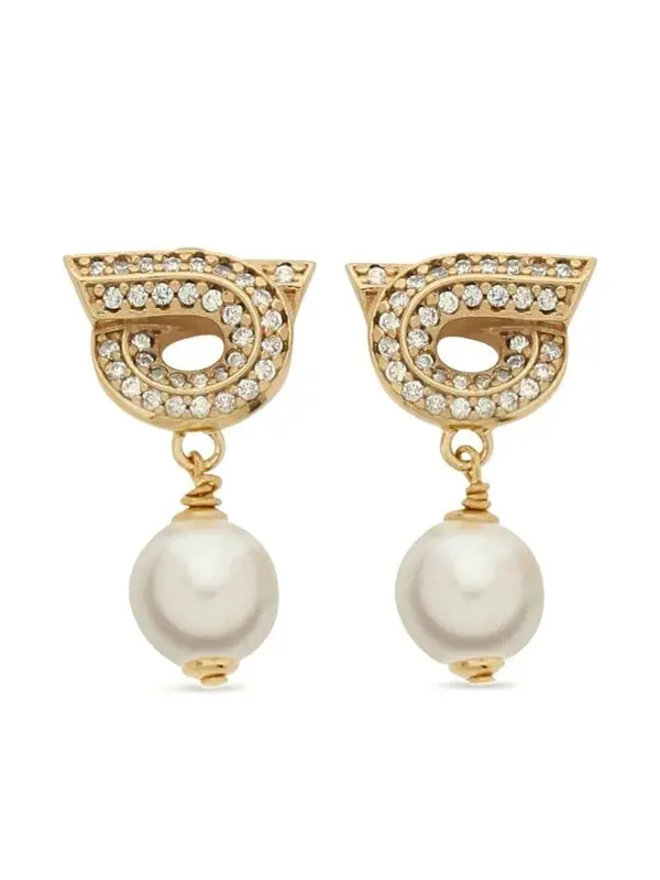 FERRAGAMO Gancini Pearl And Crystal Drop Earrings - Silver
