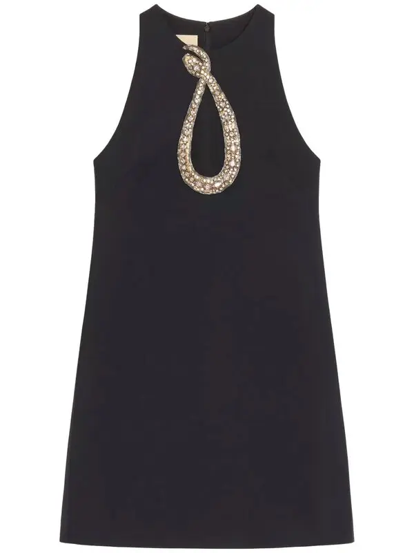 Valentino Garavani Rhinestone Snake Embroidery Crepe Couture Short Dress - Black