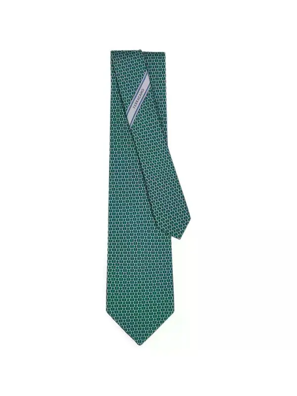 FERRAGAMO Gancini Print Silk Tie - Green