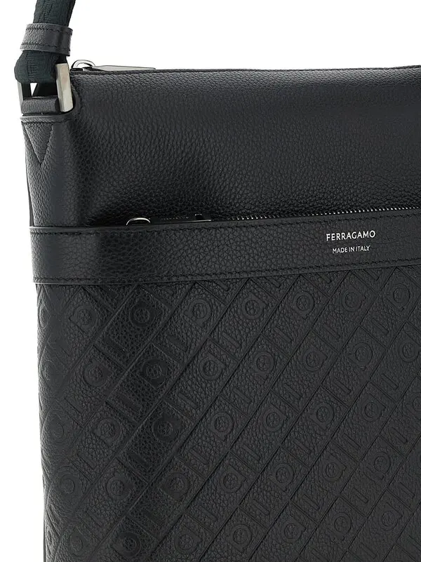 FERRAGAMO Monogram Hammered Calf Leather Messenger Crossbody Bag