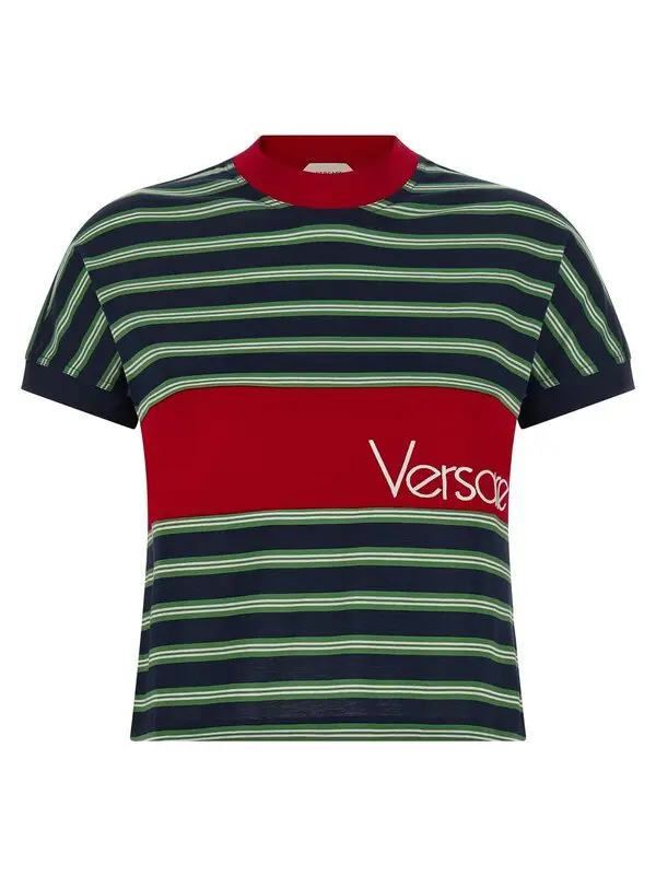 Versace Striped Cotton T-shirt With Intarsia Logo Embroidery - Multicolor