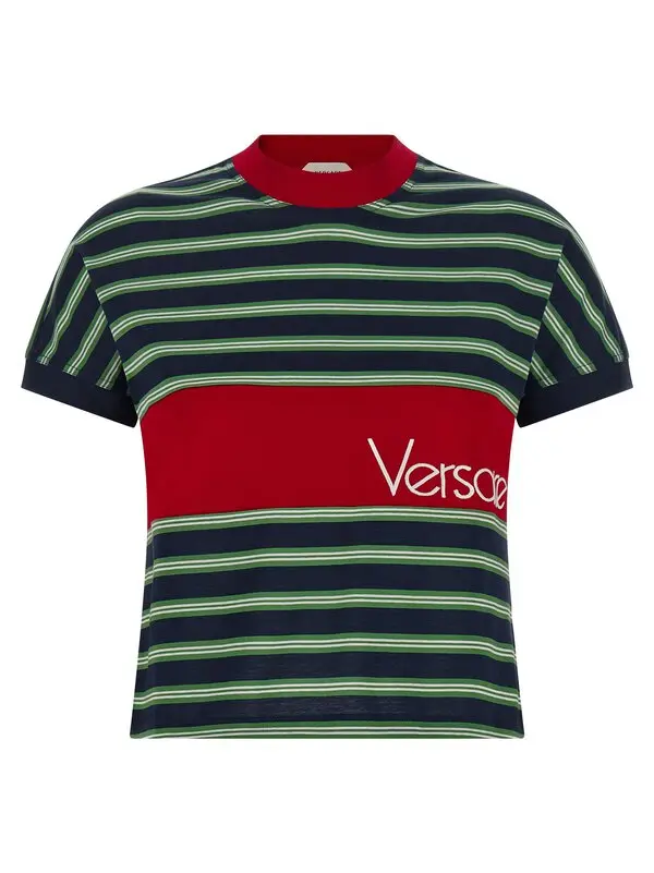 Versace Striped Cotton T-shirt With Intarsia Logo Embroidery - Multicolor