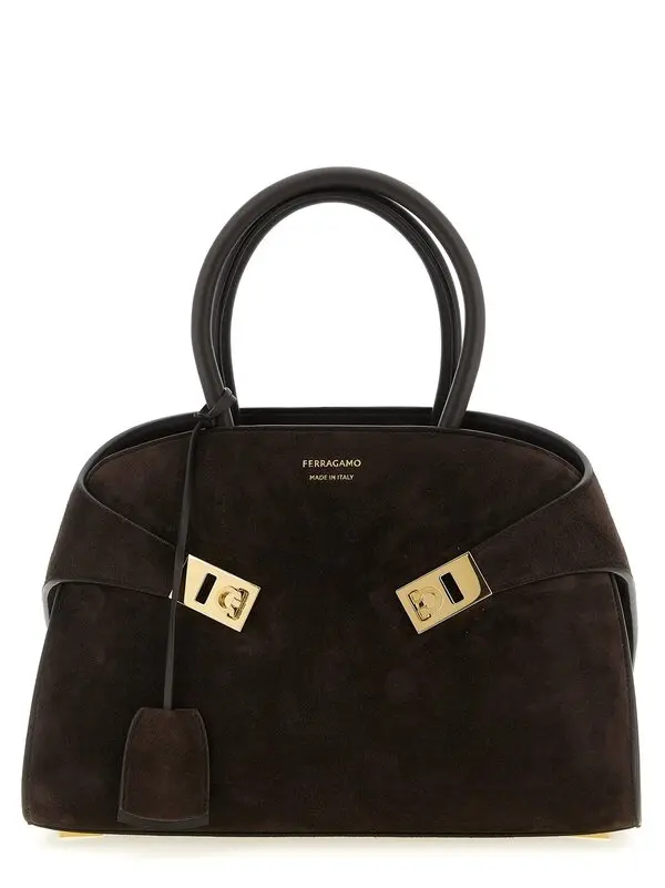 FERRAGAMO Suede Handbag With Gancini Buckle - Brown
