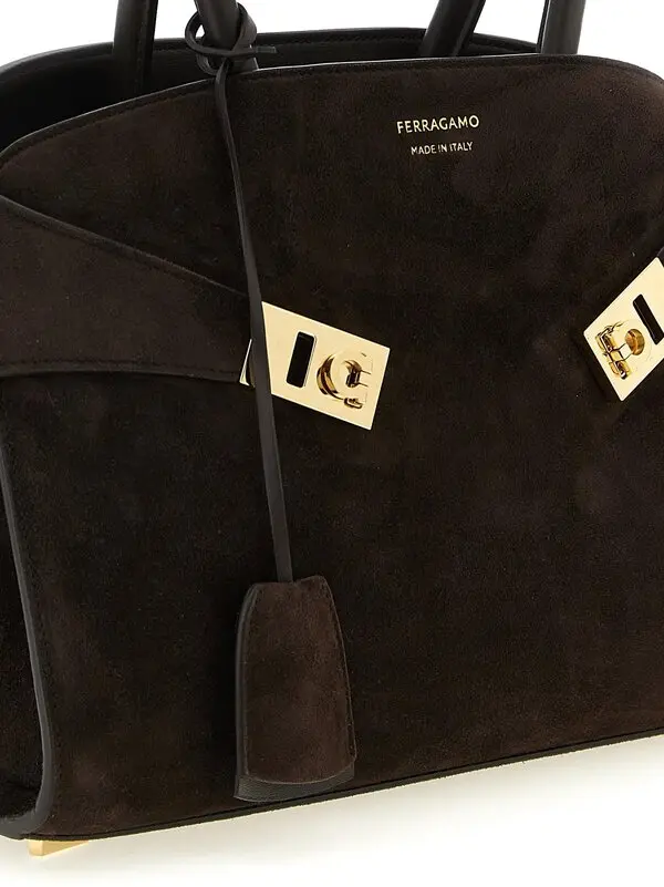 FERRAGAMO Suede Handbag With Gancini Buckle - Brown