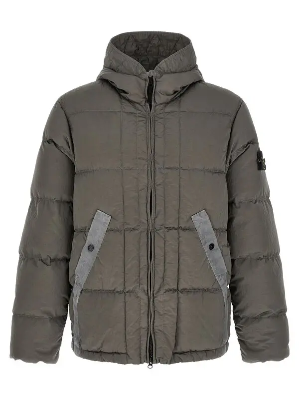 Stone Island Down Jacket With Crumpled Effect And Hood - Gray