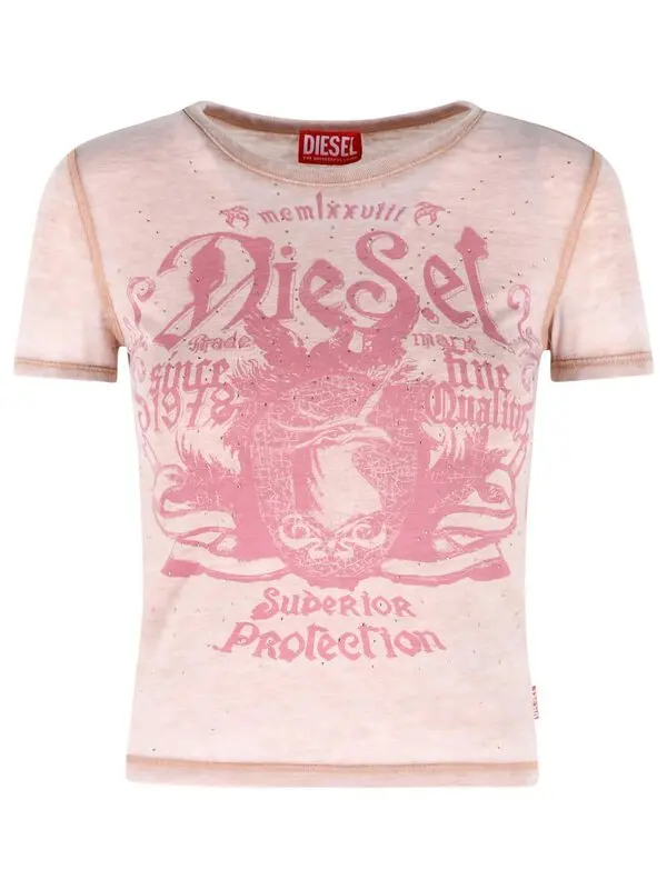 DIESEL® Cotton Blend Jersey T-shirt With Rhinestone Embellishment - Pink