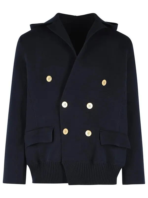 Sacai Double-breasted Blazer In Navy Cotton Blend - Blue