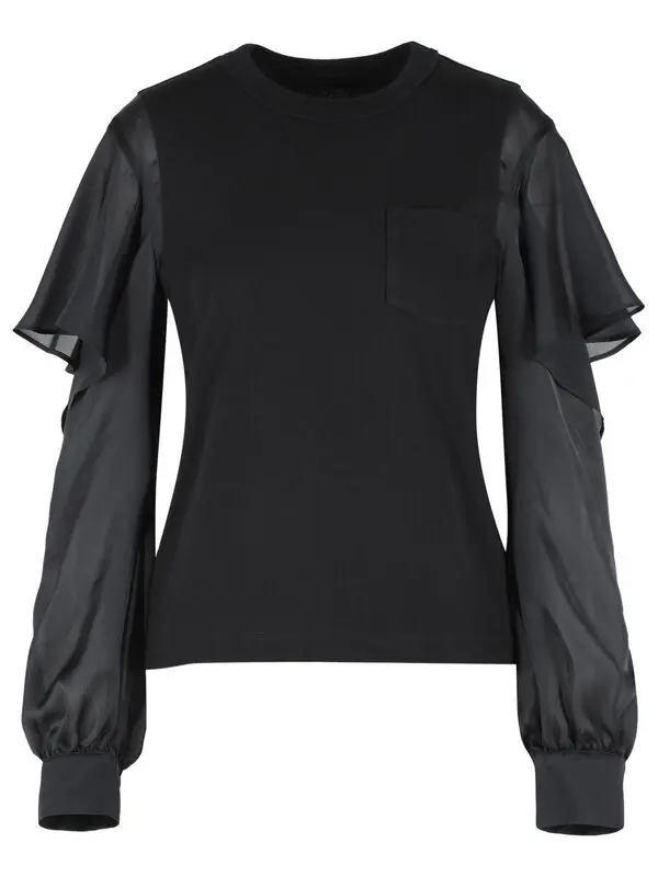 Sacai Cotton T-shirt With Sheer Sleeves - Black
