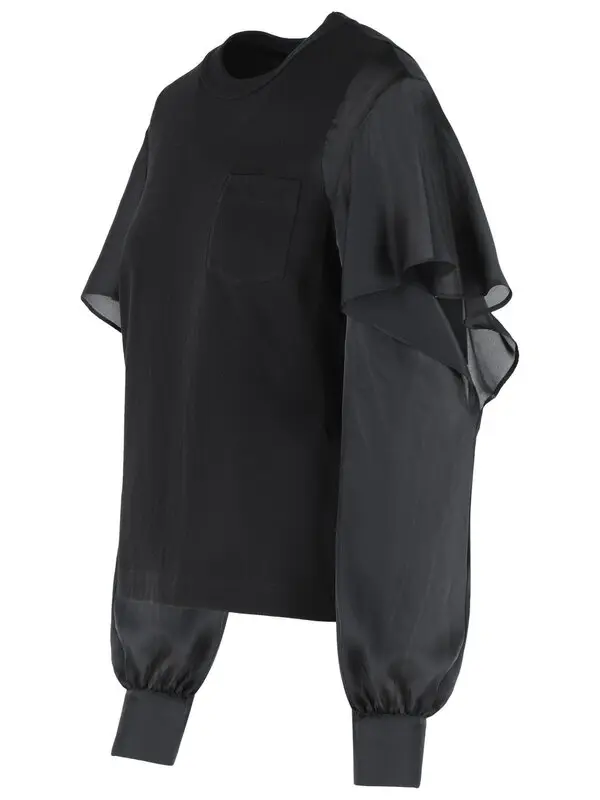 Sacai Cotton T-shirt With Sheer Sleeves - Black
