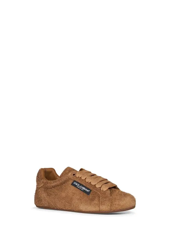 Dolce & Gabbana Light Brown Suede Split Leather Portofino Soft Sneakers