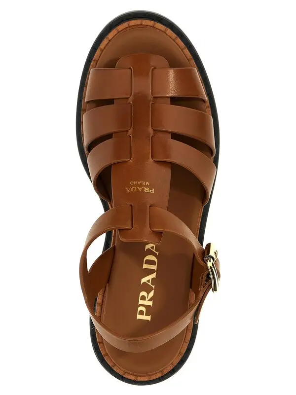 Prada Monolith Leather Sandals With Embossed Logo - Brown