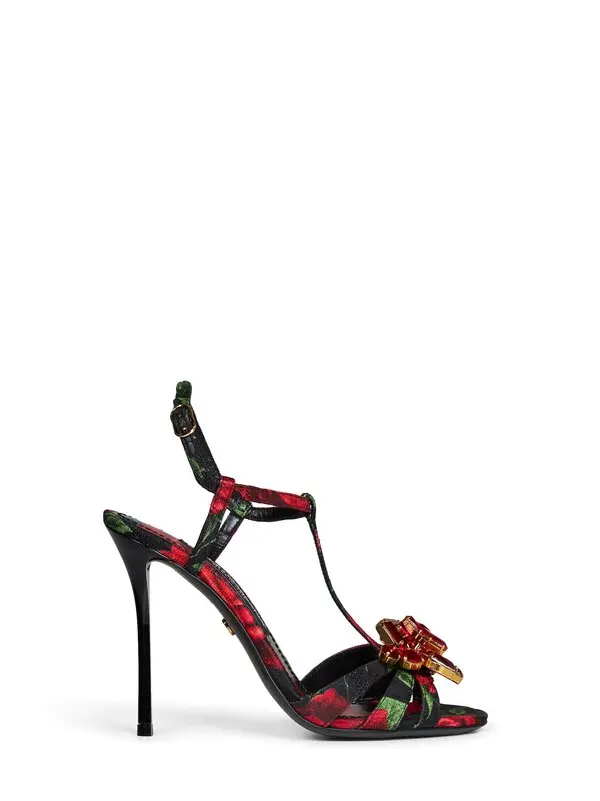 Dolce & Gabbana Black Rose-print Brocade Sandals With Jeweled Brooch - Multicolor