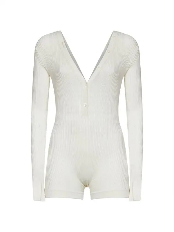 MUGLER Ribbed Cotton Bodyshort With Plunging Neckline - Multicolor