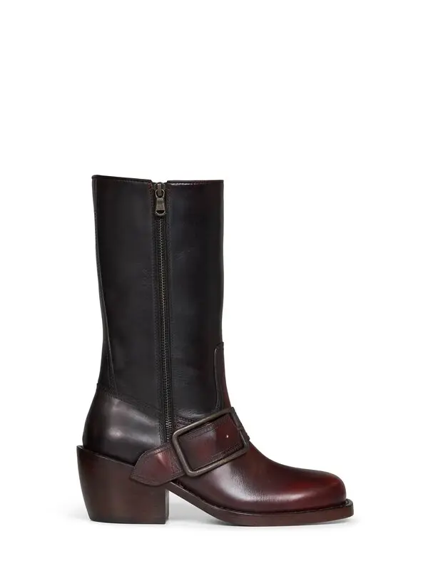 Dries Van Noten Tan Brushed Leather Buckled Mid-calf Boots