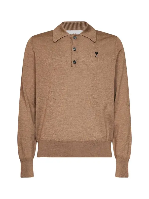 AMI Paris Camel Extra-fine Merino Wool Knit De Cœur Polo Shirt - Multicolor