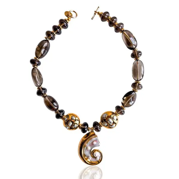 EDGAR NAVARRO JEWELRY Brown / Gold / Neutrals Edgar Navarro Nautilus Sea Shell Pendant With Smoky Quartz Necklace - Brown/gold
