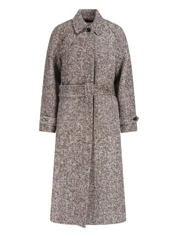 LARDINI Herringbone Wool Belted Long Coat