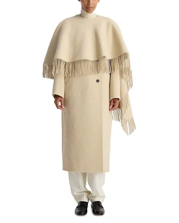 RÓHE Wool Double Faced Cape Overlay Fringe Coat - Butter