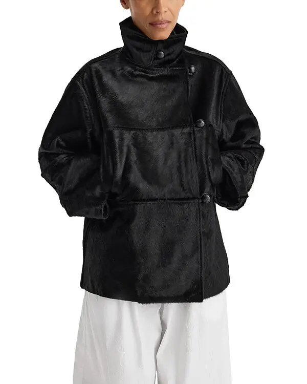 RÓHE Pony Hair Leather Stand Collar Jacket - Black