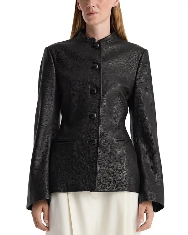 RÓHE Leather Collarless Button Front Jacket - Black