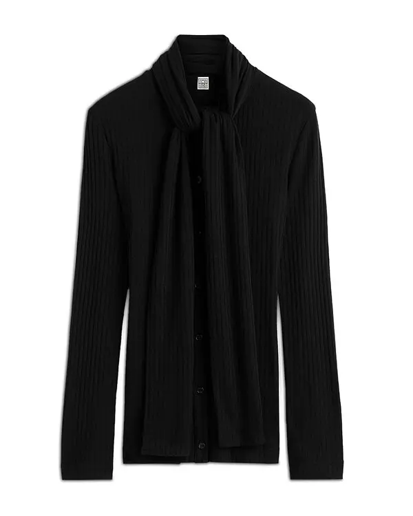 TOTEME Ribbed Tie Neck Cardigan - Black