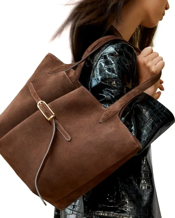 LIFFNER Medium Belted Leather Tote - Brown Suede