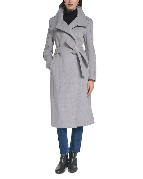 Cole Haan Asymmetric Belted Wool Blend Coat - Light Grey