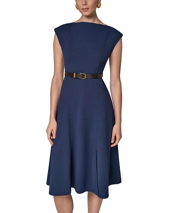 Donna Karan New York Cap Sleeve Boat Neck Belted A Line Dress - Black