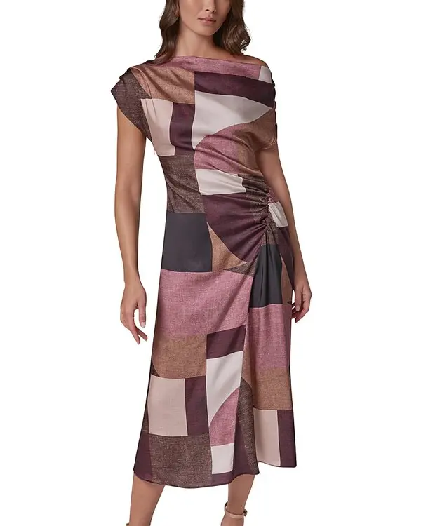 Donna Karan New York Printed Asymmetrical Off-the-shoulder Side Ruched Dress - Black/ Camel Multi
