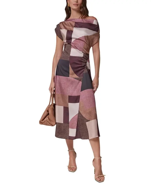 Donna Karan New York Printed Asymmetrical Off-the-shoulder Side Ruched Dress