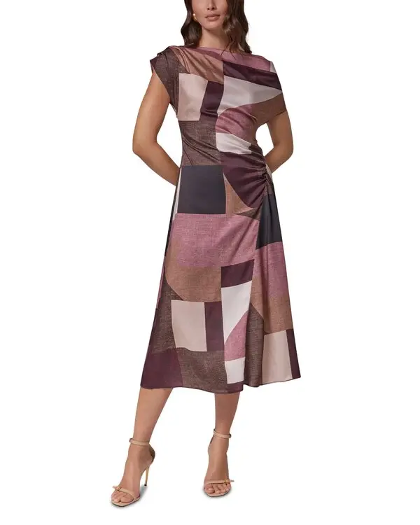 Donna Karan New York Printed Asymmetrical Off-the-shoulder Side Ruched Dress