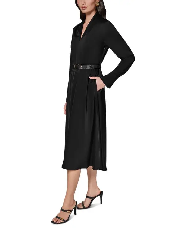 Donna Karan New York Satin A Line Belted Midi Dress - Black