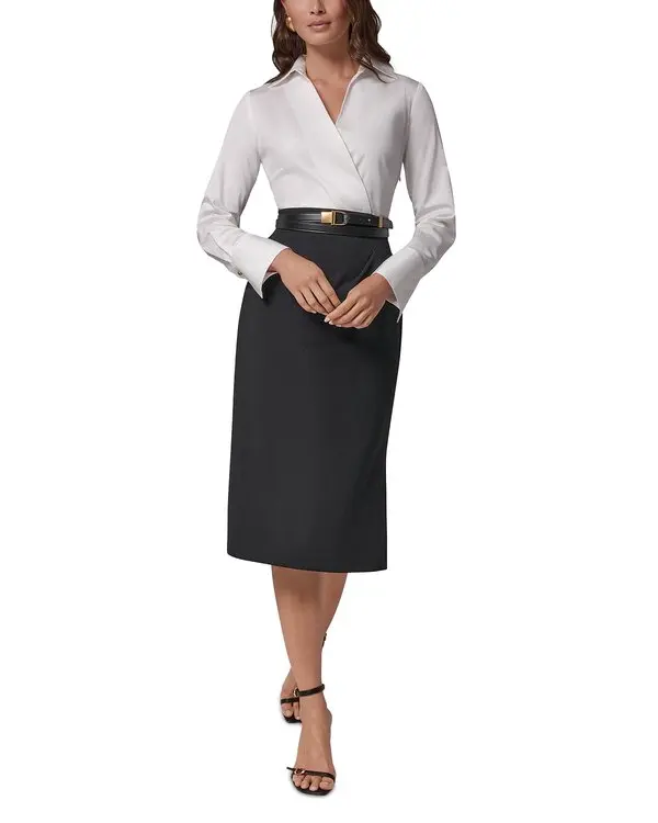 Donna Karan New York Collared Mixed Media Belted Pencil Dress