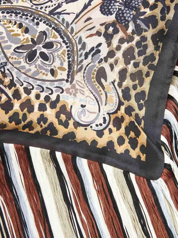 Etro Beige Printed Silk Twill Scarf With Fringes - Multicolor
