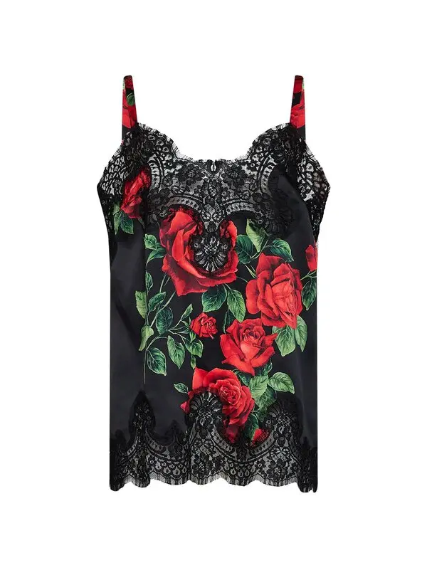 Dolce & Gabbana Black Rose-print Silk Satin Top With Lace - Multicolor
