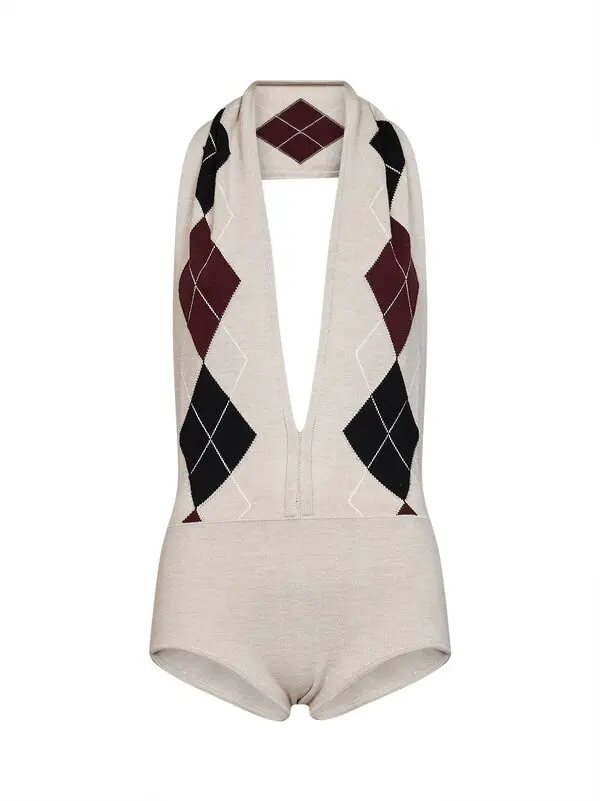 MUGLER Beige Argyle-pattern Virgin Wool Knit Bodysuit