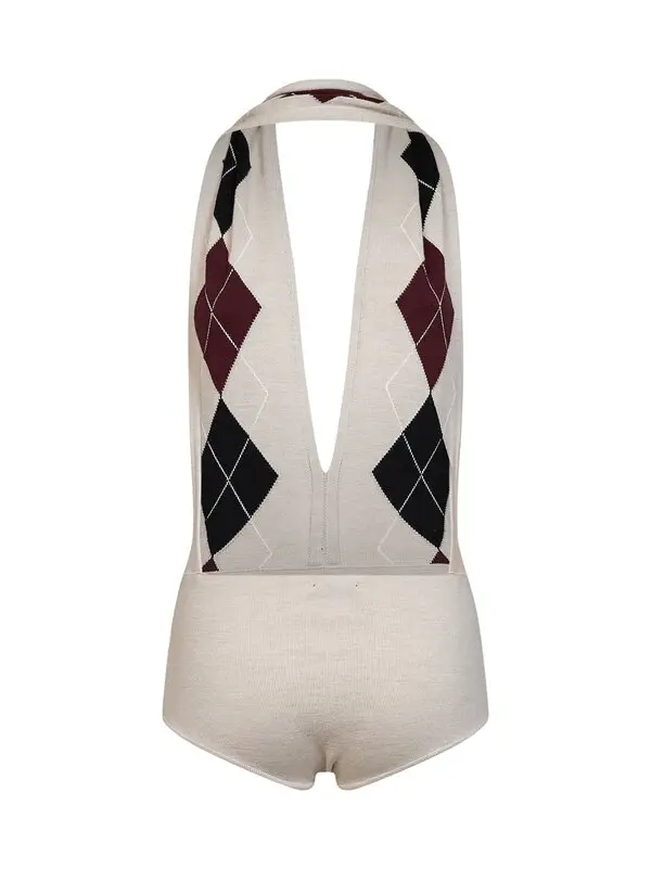 MUGLER Beige Argyle-pattern Virgin Wool Knit Bodysuit