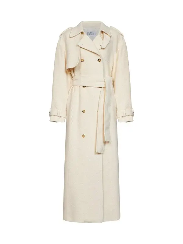 Giuseppe Di Morabito Milk Bouclé Long Double-breasted Belted Trench Coat - Multicolor