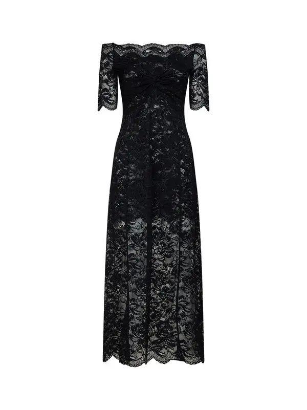 Rabanne Black Layered Lace Off-the-shoulder Maxi Dress - Multicolor