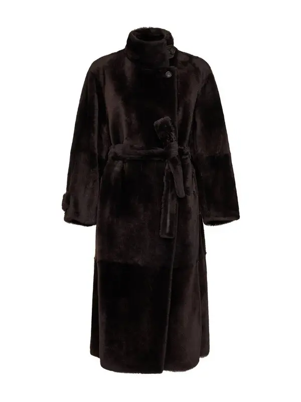 Brunello Cucinelli Dark Brown Shearling Belted Coat - Multicolor