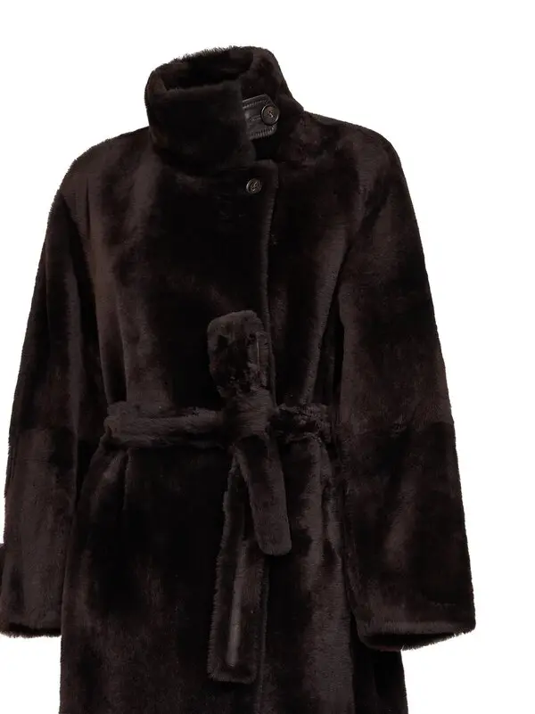 Brunello Cucinelli Dark Brown Shearling Belted Coat