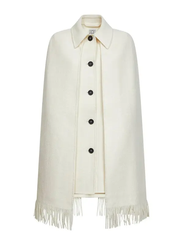 TOTEME White Bouclé Fringe Cape Coat - Multicolor
