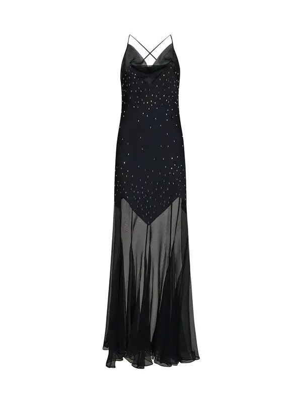 Rabanne Black Crystal-embellished Satin And Sheer Chiffon Long Dress - Multicolor