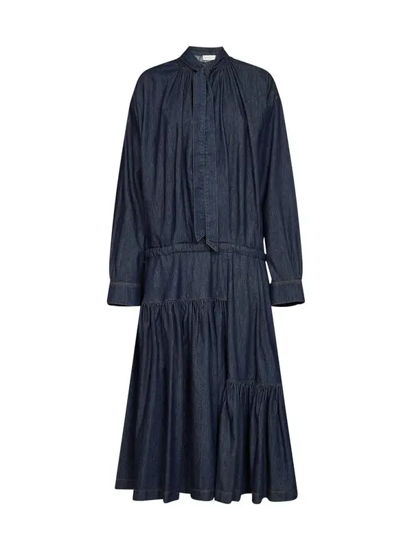 Dries Van Noten Indigo Cotton Denim Midi Dress With Tie Detail - Multicolor
