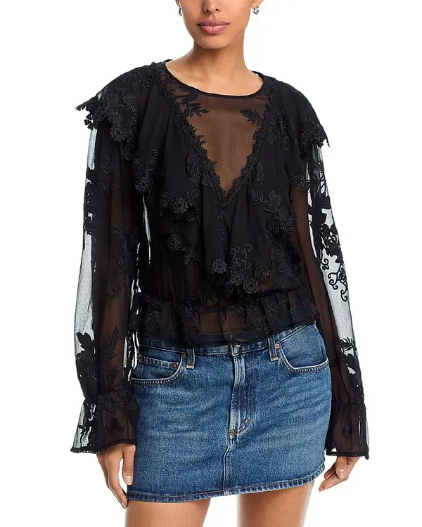 Paige Akari Embroidered Silk Blouse - Black