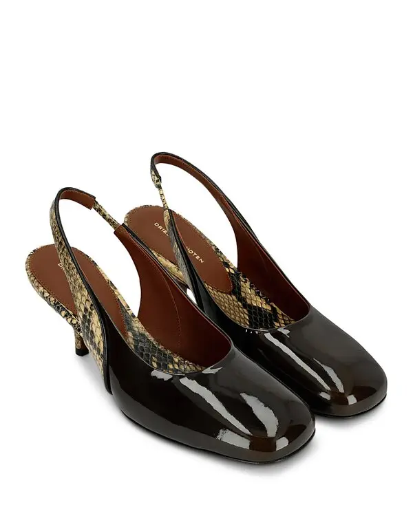 Dries Van Noten Snake Embossed & Patent Leather Slingback Pumps - Olive