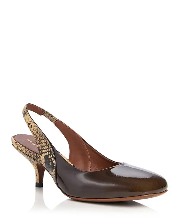 Dries Van Noten Snake Embossed & Patent Leather Slingback Pumps - Olive